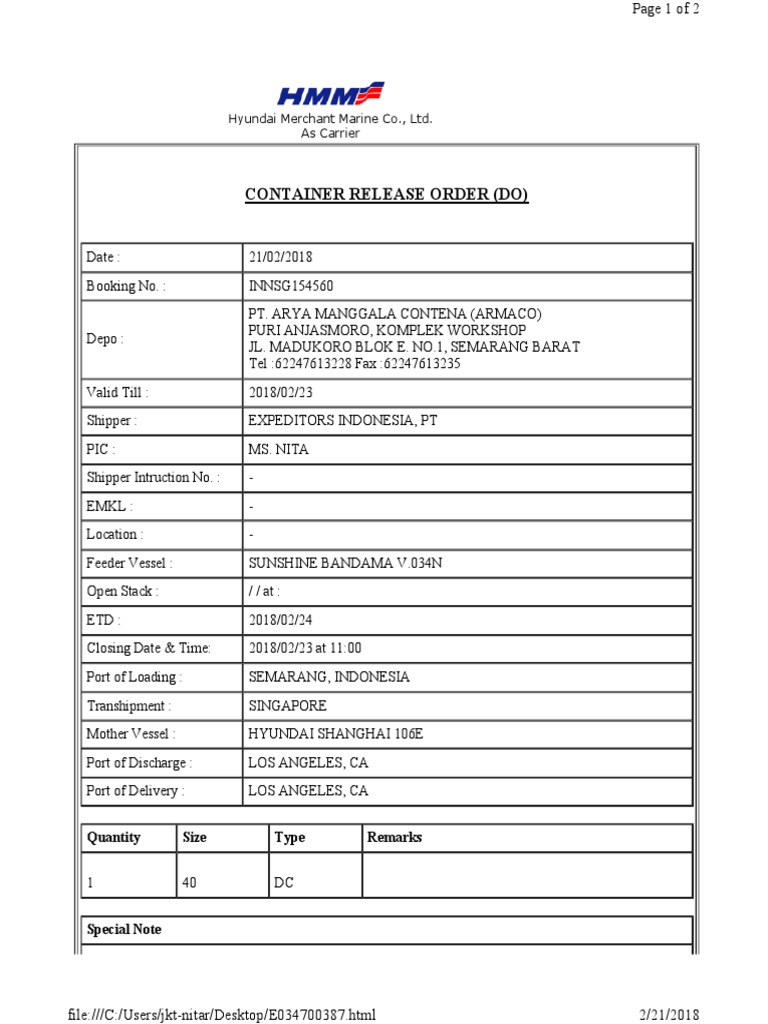 Container Release Order (Do) : Hyundai Merchant Marine Co., Ltd. As ...