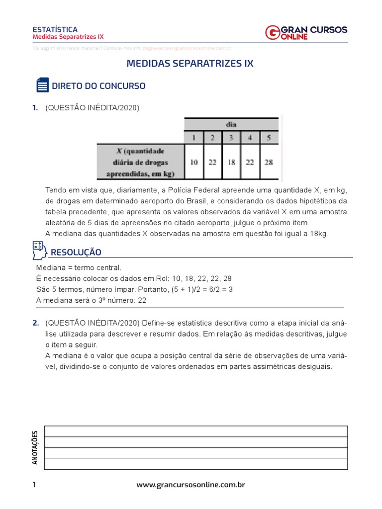 27 - Medidas Separatrizes IX - Exercícios | PDF | Mediana (Estatística ...