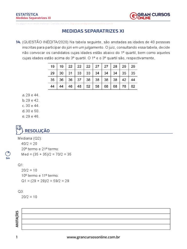 29 - Medidas Separatrizes XI - Exercícios | PDF | Mediana (Estatística ...