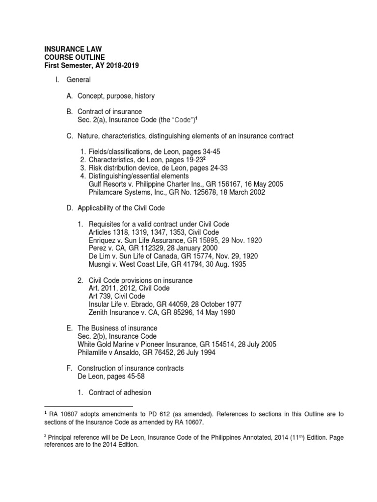 Atty. Migallos - Insurance - Course Outline (1st Sem AY 2018-2019) | PDF | Guarantee | Insurance