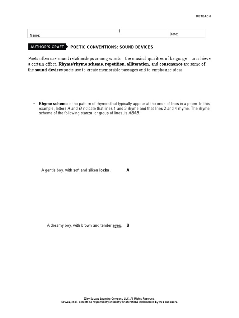 Poetic Conventions - Sound Devices Worksheet | PDF | Rhyme | Poetry