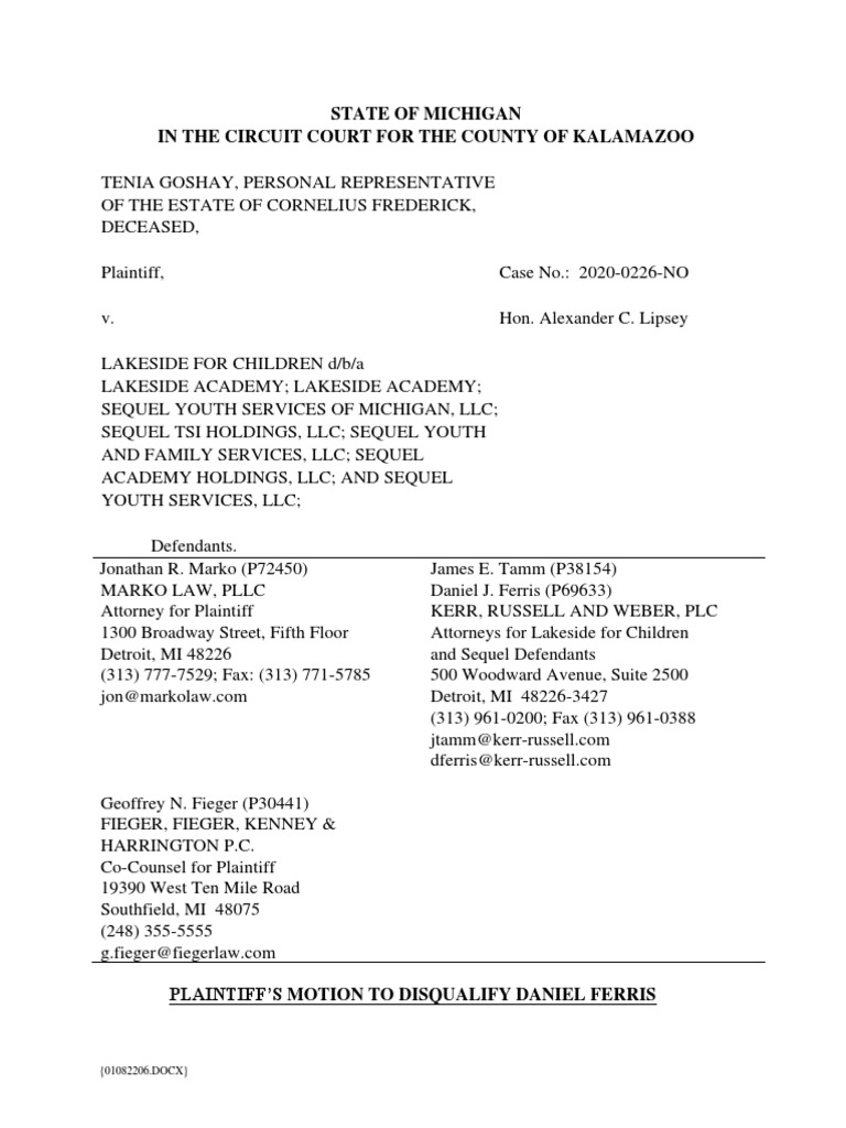 Motion To Disqualify Attorney Daniel Ferris | PDF | Deposition (Law) | Common Law