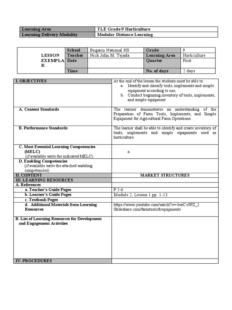 Learning Area TLE Grade 9 Horticulture Learning Delivery Modality Modular Distance Learning ...