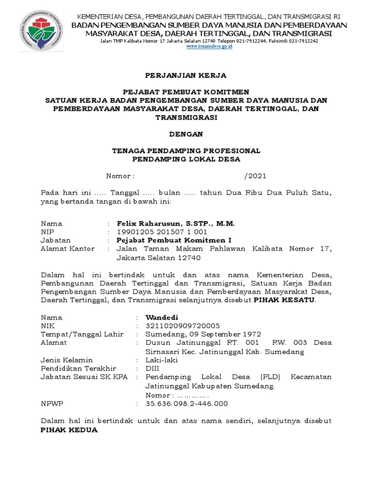 01 - SMD Surat Perjanjian Kerja PLD 2021 Nunung Nurhayati | PDF | Pengelolaan Keuangan & Uang