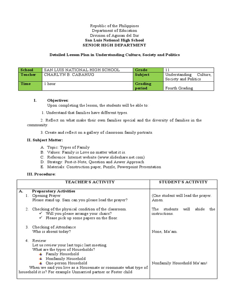 Detailed Lesson Plan | PDF | Family | Parent