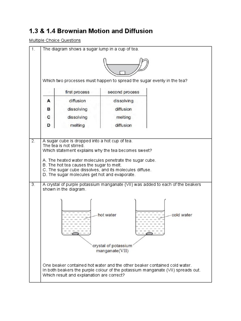 Brownian Motion and Diffusion MCQs | PDF | Ammonia | Diffusion