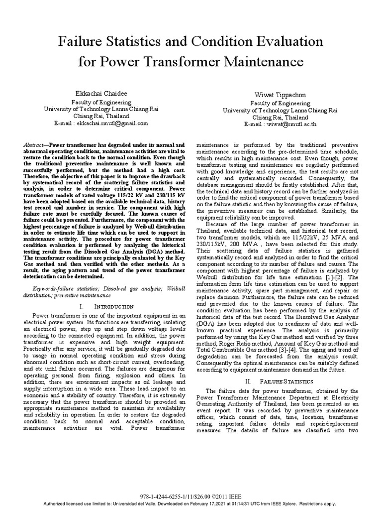 Failure Statistics and Condition Evaluation | PDF | Transformer ...