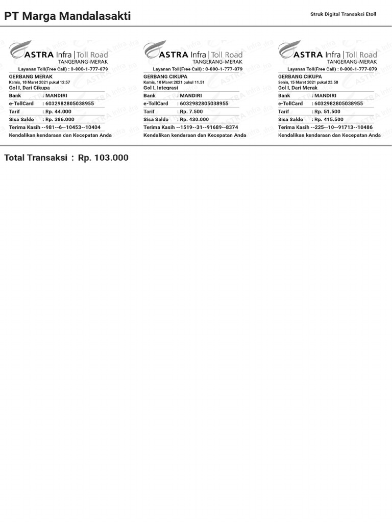 Struk Transaksi ASTRA Infra Toll Road | PDF