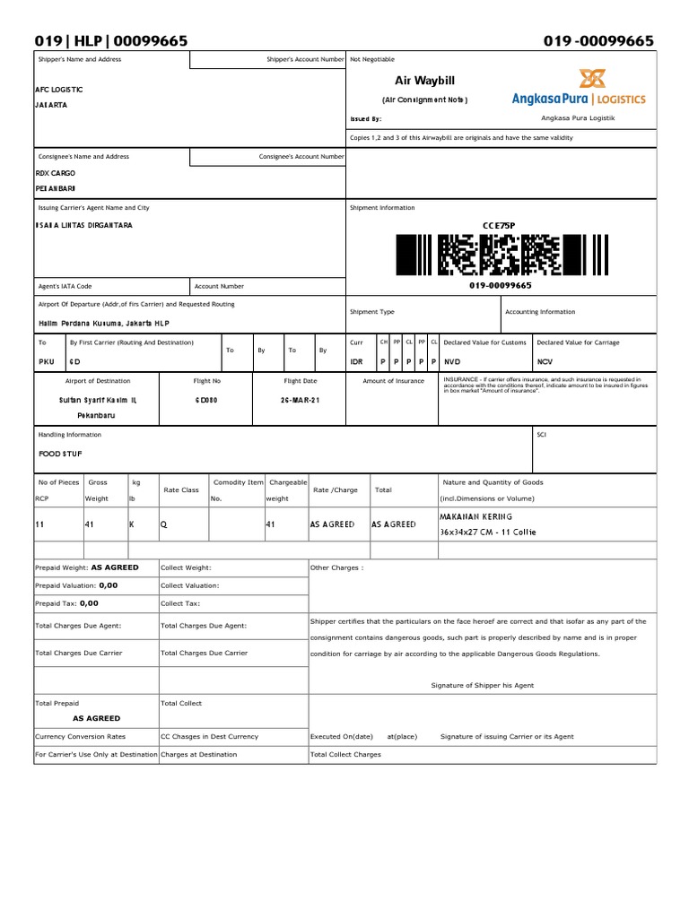 Air Waybill: Afc Logistic Jakarta (Air Consignment Note) | PDF ...