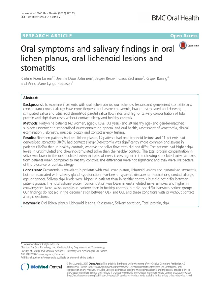 Oral Symptoms and Salivary Findings in Oral Lichen Planus, Oral ...