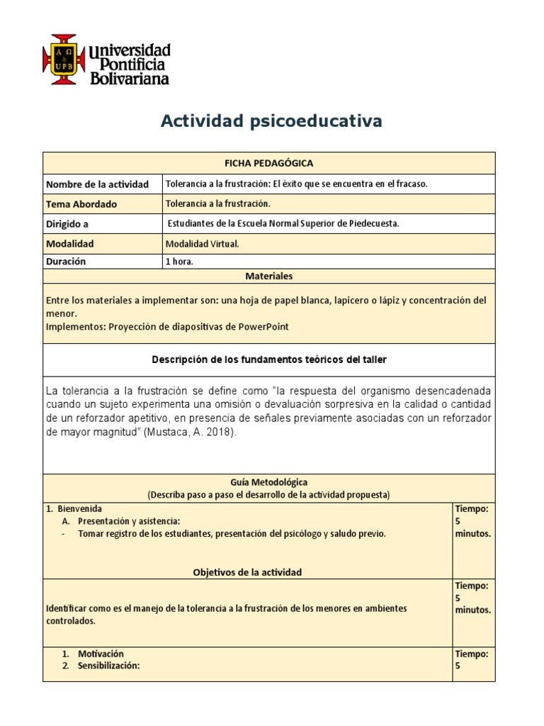 Ficha Pedagógica Actividad 3 - Tolerancia A La Frustración. | PDF | Las emociones | Ciencias del ...