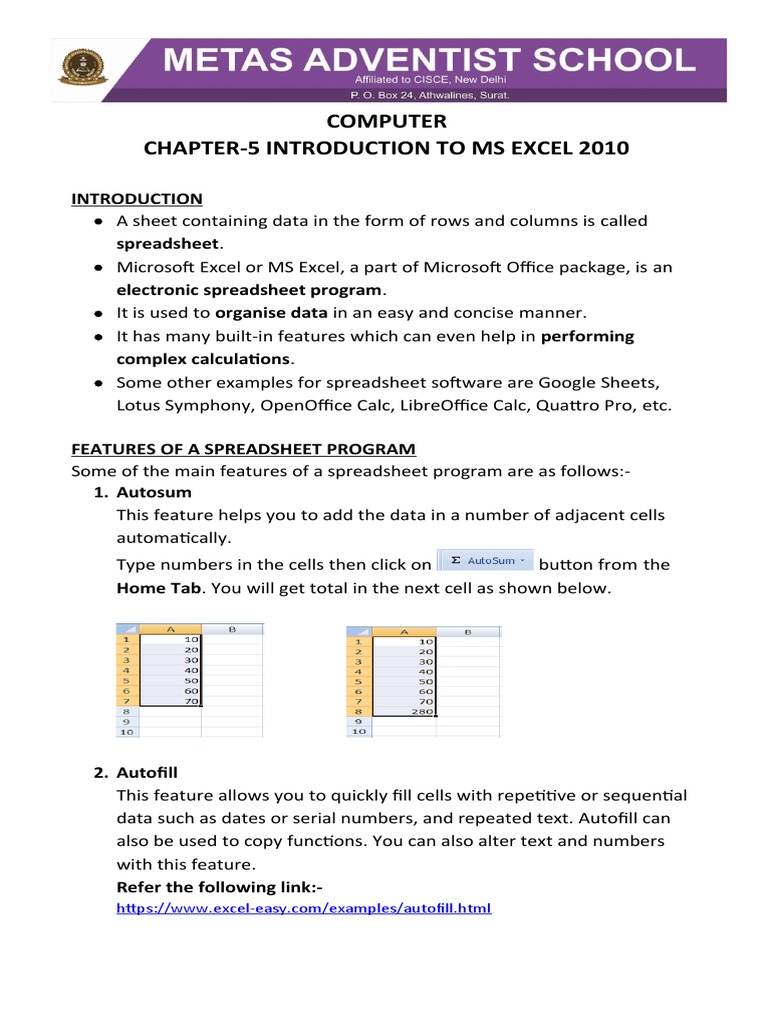 Computer Chapter-5 Introduction To Ms Excel 2010: Spreadsheet ...