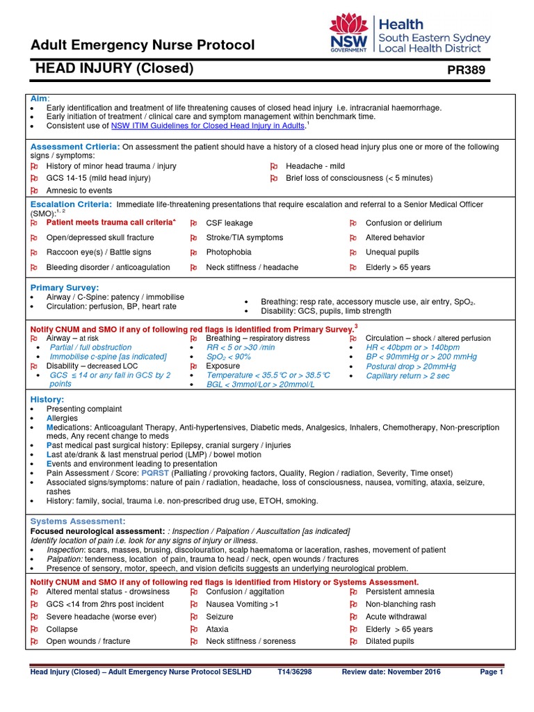 Adult Emergency Nurse Protocol HEAD INJURY (Closed) | PDF | Headache ...