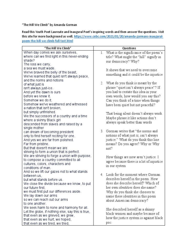 The Hill We Climb Questions | PDF