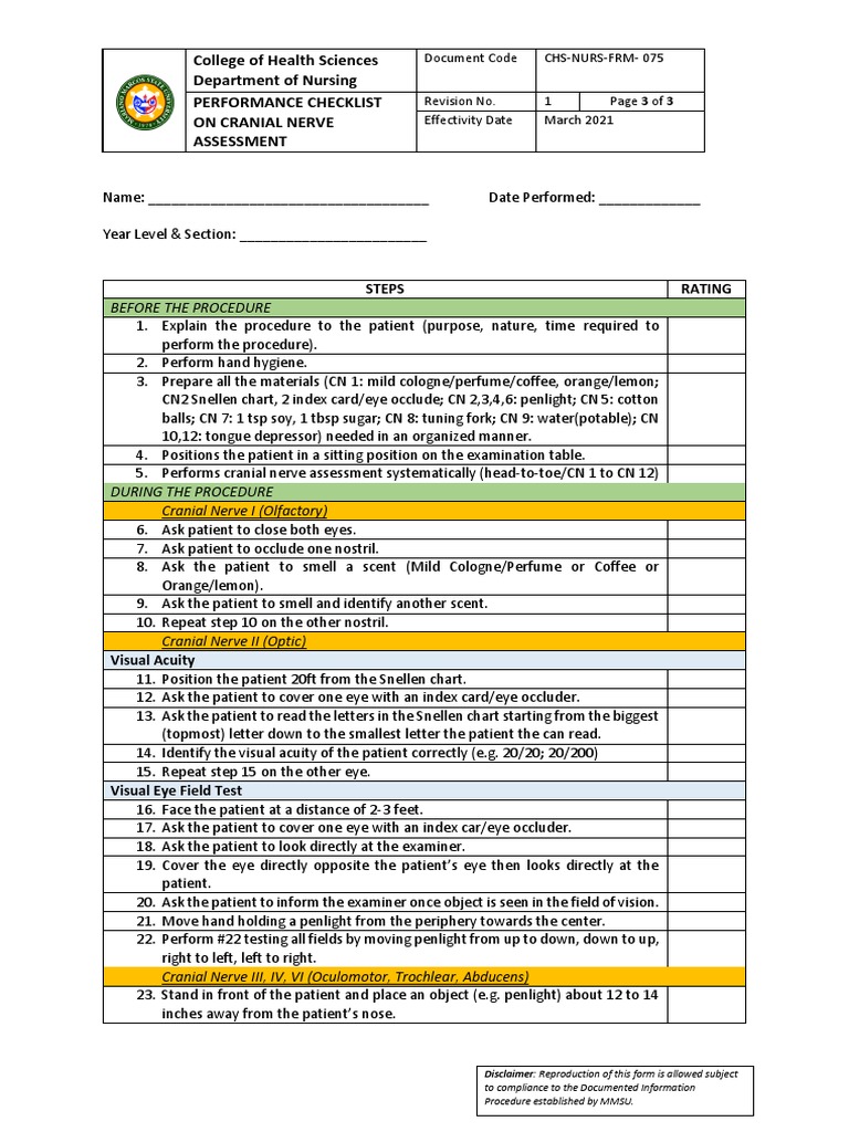 Performance Checklist On Cranial Nerve Assessment | Download Free PDF ...