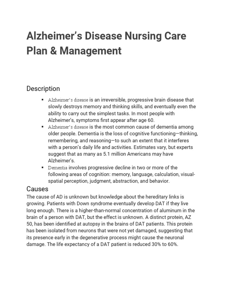 Alzheimer’s Disease Nursing Care Plan | PDF