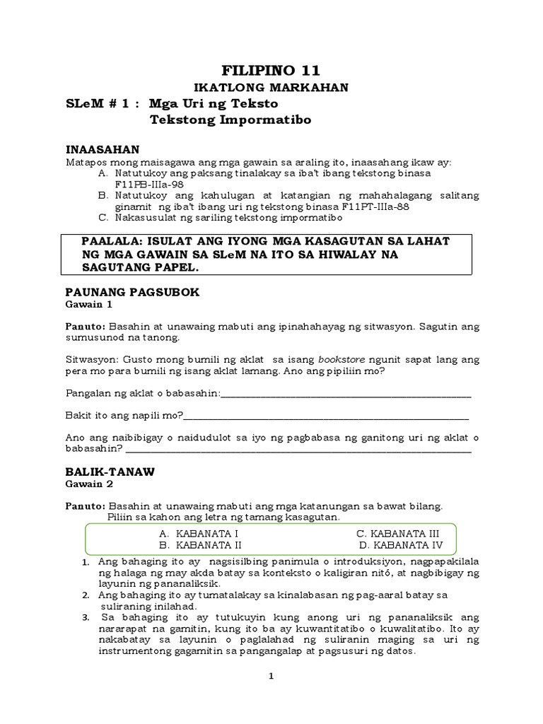 SLeM 1 Q3 Grade 11 TEKSTONG IMPORMATIBO Joeb FINAL | PDF