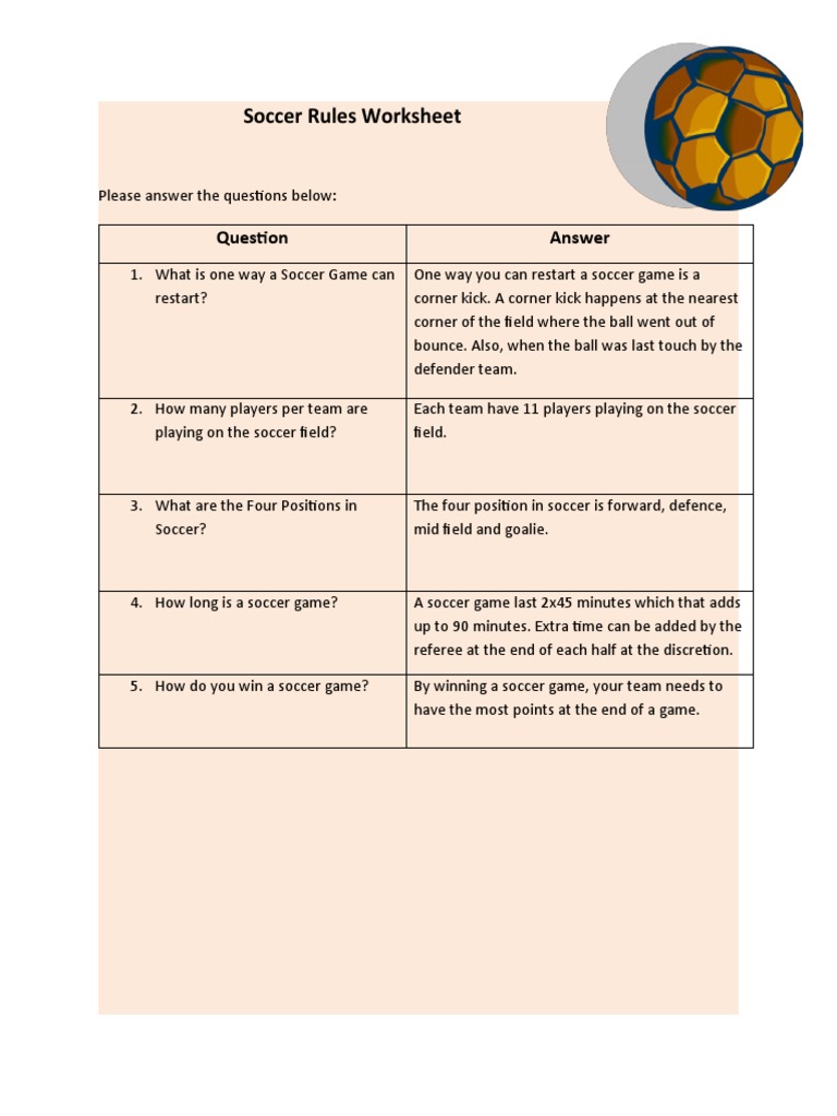 Soccer Rules Worksheet: Answer | PDF