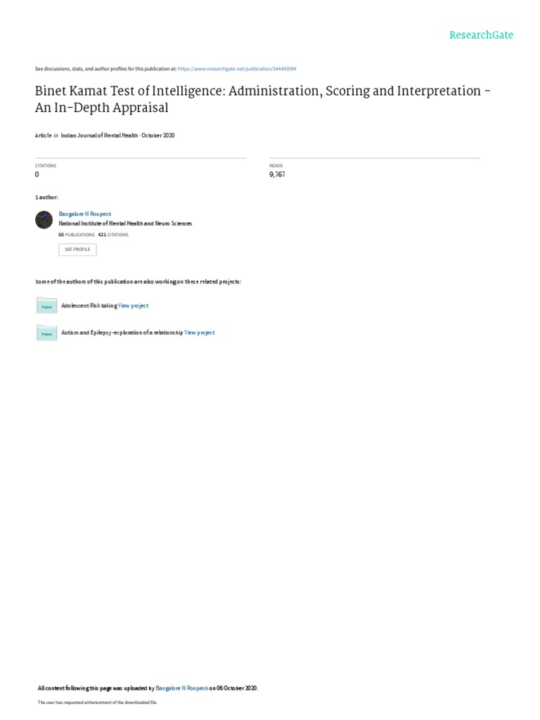 Binet Kamat Test of Intelligence: Administration, Scoring and ...