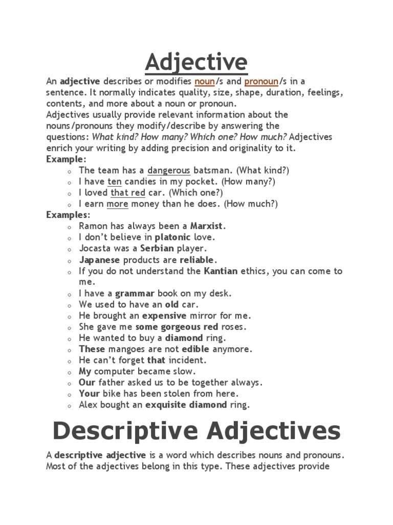 A Comprehensive Guide to Adjectives: Their Types and Usage | PDF ...