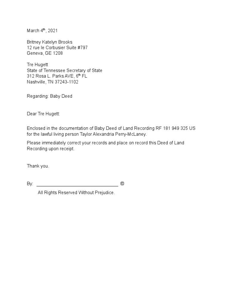 Baby Deed Cover Letter | PDF | Politics | Law