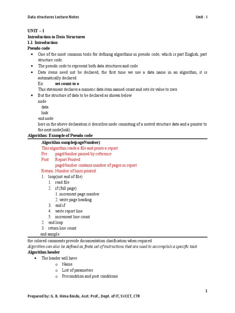 Unit - I Introduction To Data Structures Pseudo Code | PDF | Parameter ...