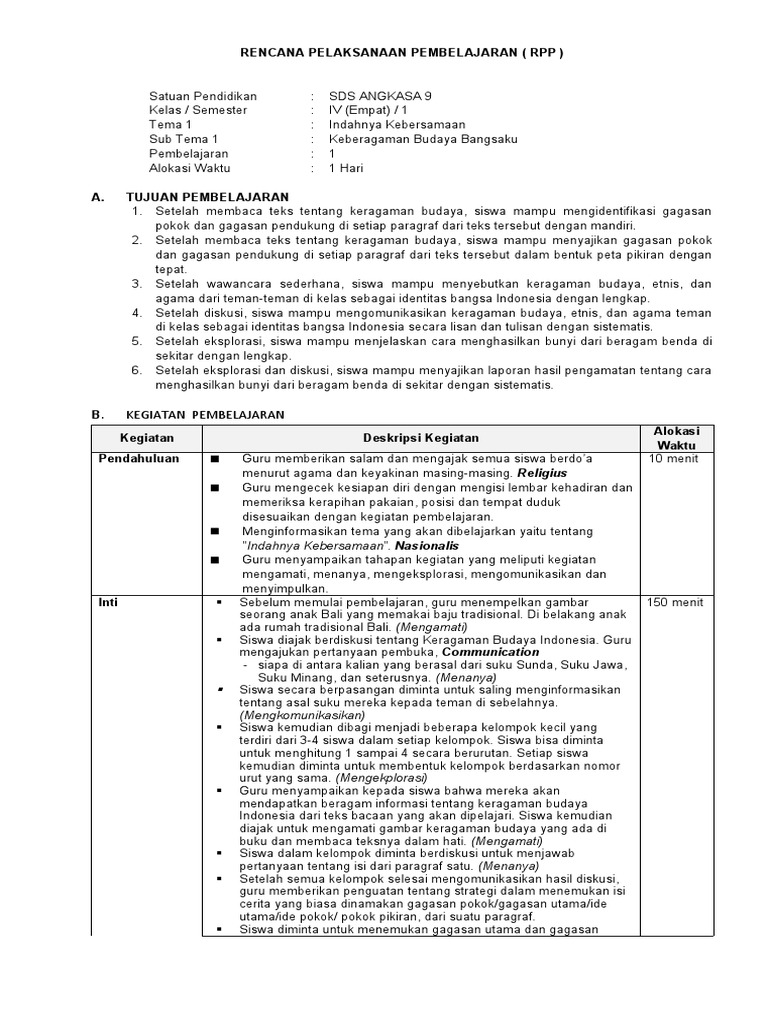 RPP Kelas 4 SUBTEMA 1 | PDF | Seni & Disiplin Bahasa | Sains & Matematika