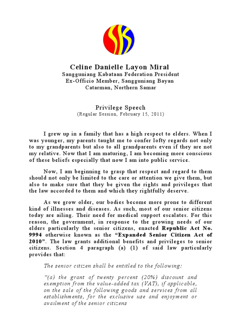 Privilege Speech - re RA 9994 | Old Age | Citizenship