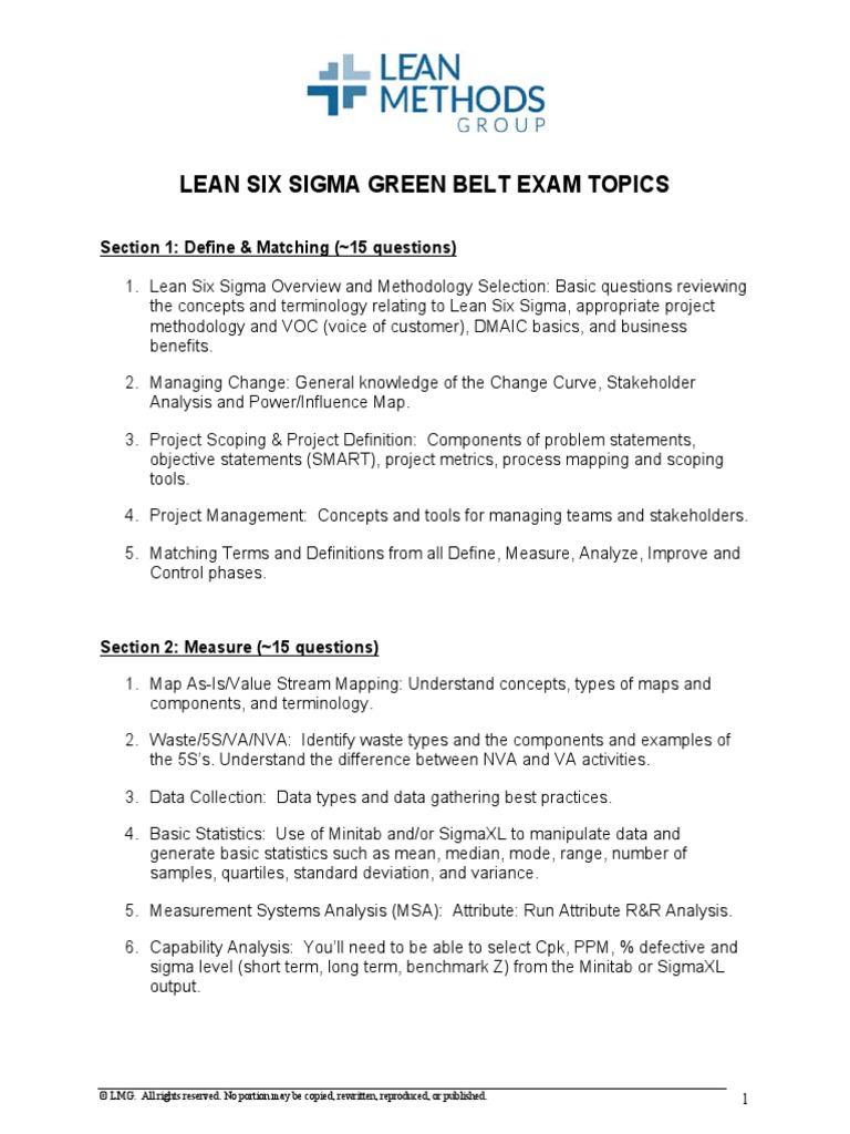 Lean Six Sigma Green Belt Exam Topics: Section 1: Define & Matching ...