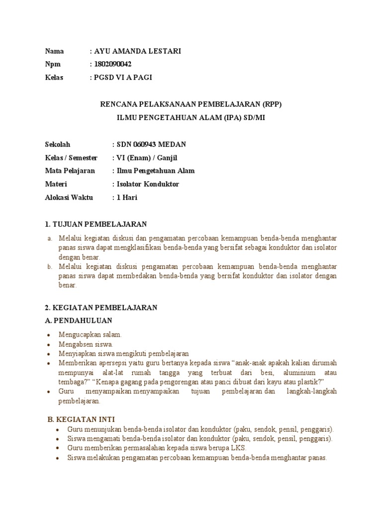 Tugas RPP Ipa - Ayu Amanda Lestari - 1802090042 - 6a PGSD Pagi | PDF