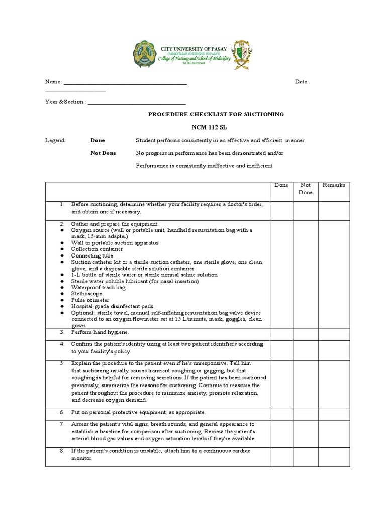 Suctioning Checklist | PDF | Catheter | Hypoxia (Medical)