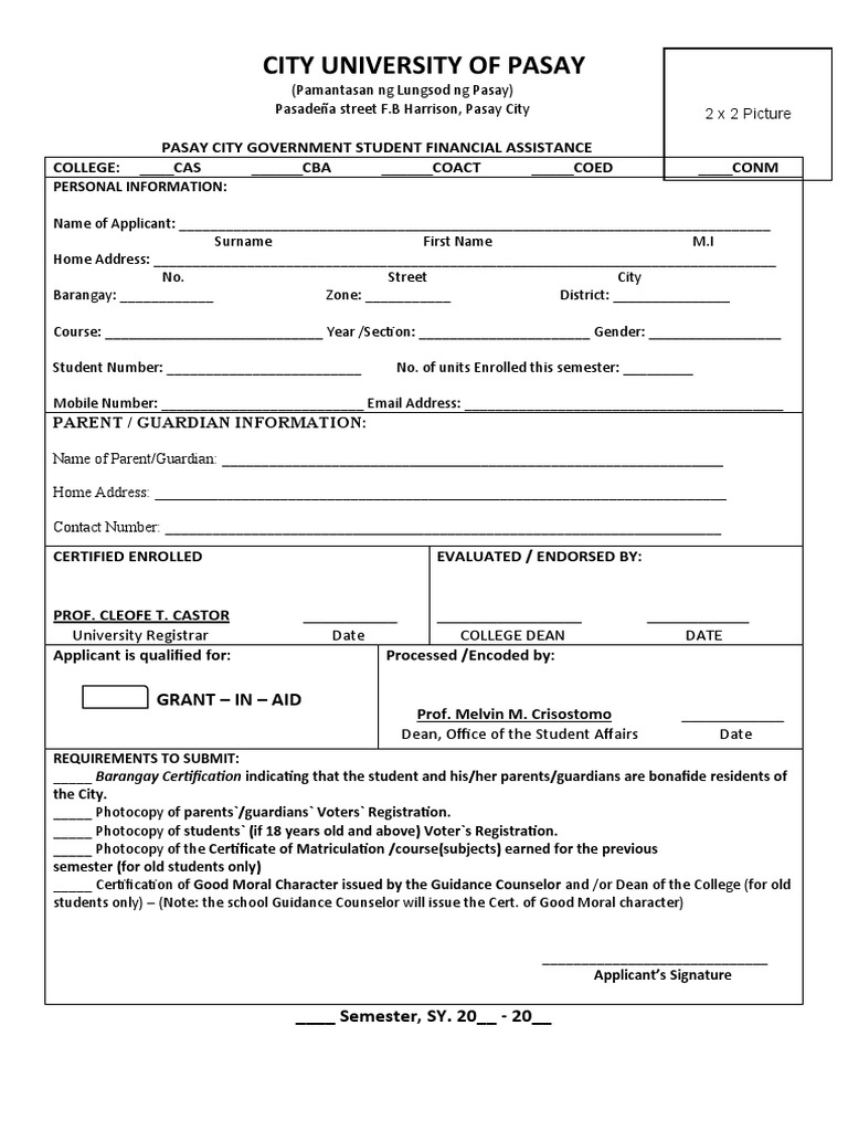 Pasay City University student financial aid application form | PDF