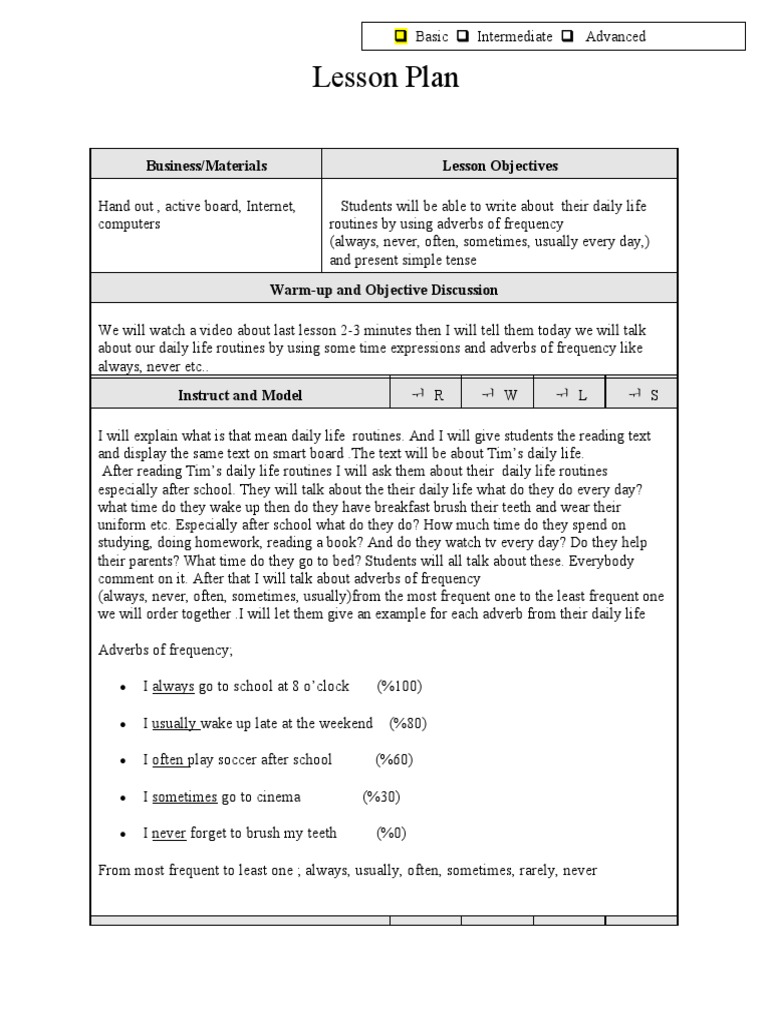Lesson Plan: Business/Materials Lesson Objectives | PDF | Lesson Plan ...