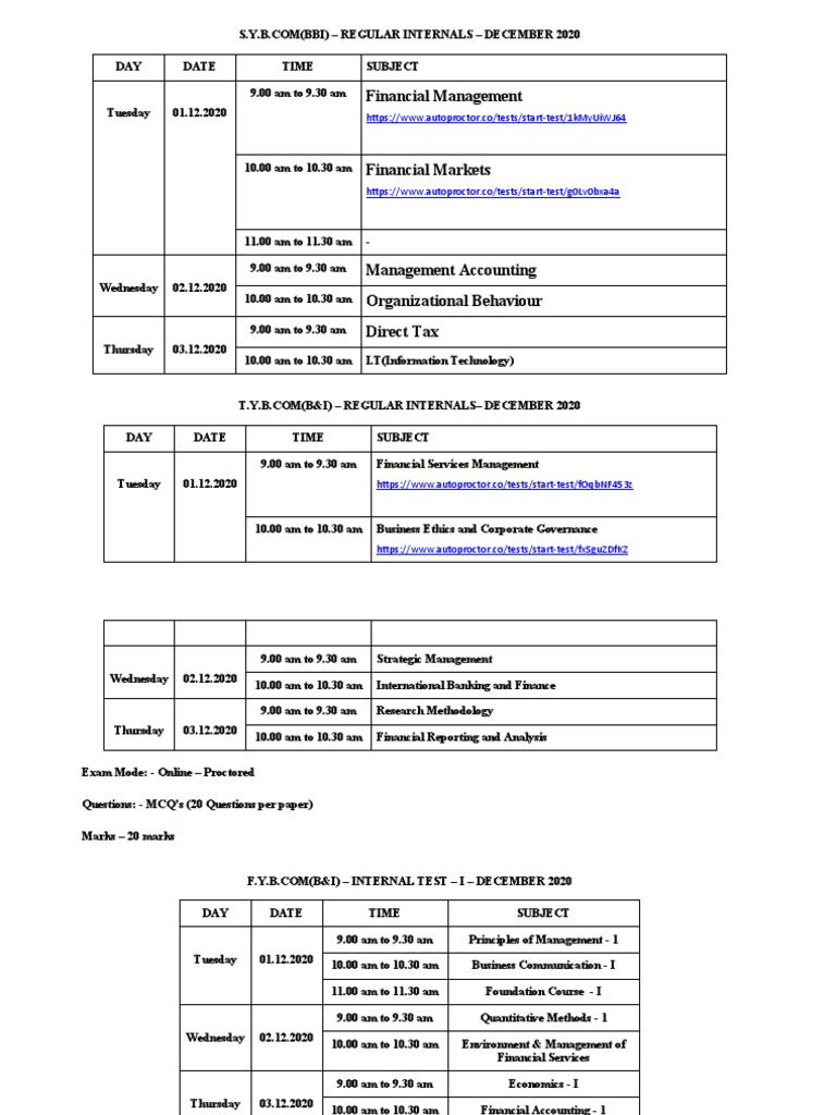 Internal Exam Time Table 1,2,3 December 2020 | PDF | Accounting | Economics