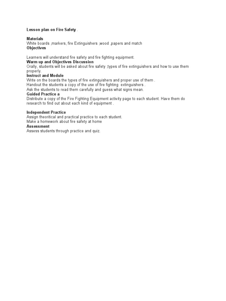 Lesson Plan On Fire Safety - Materials Objectives | PDF