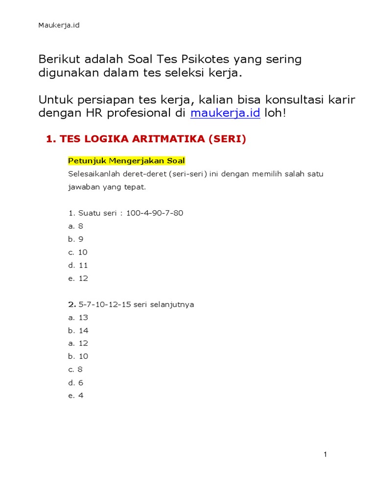 Contoh Soal Tes Psikotes Dan Pembahasan | PDF