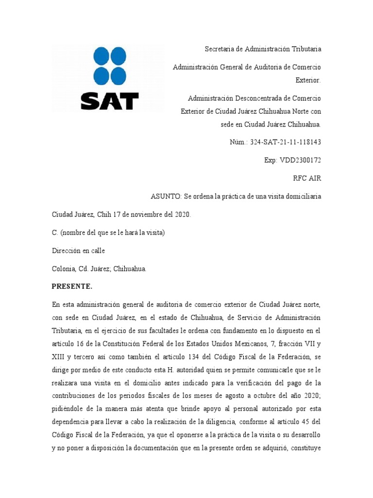 Orden de Visita Domiciliaria Ejemplo | PDF | Ciudad juárez | Impuestos