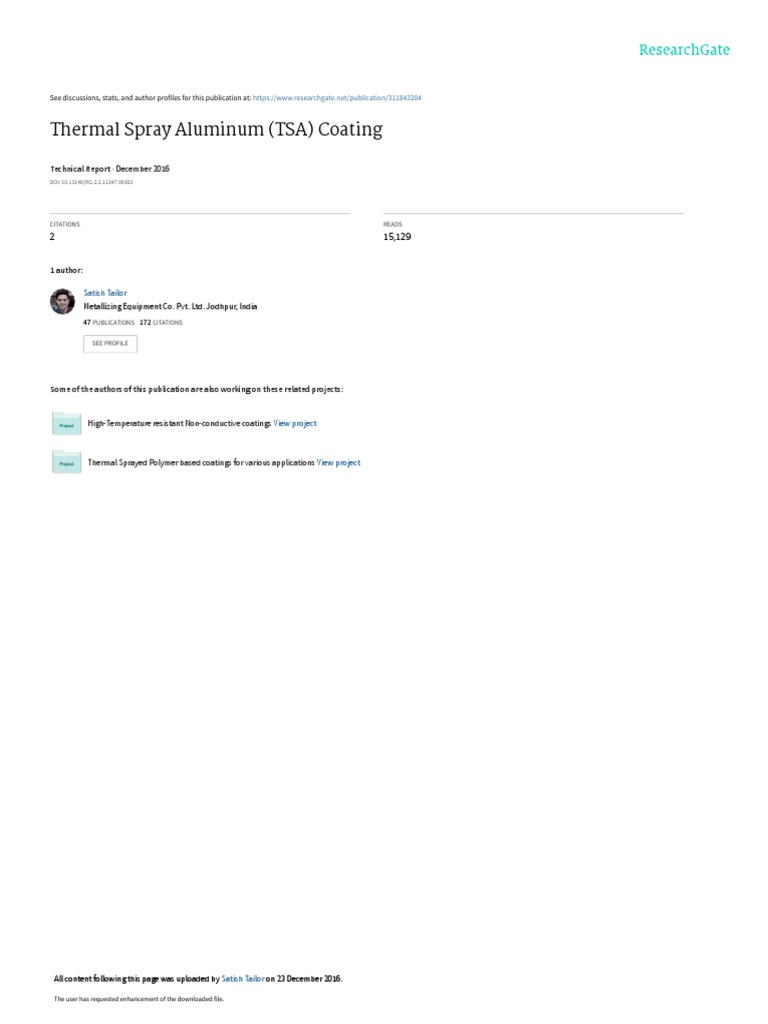 Thermal Spray Aluminum (TSA) Coating: December 2016 | PDF | Corrosion ...