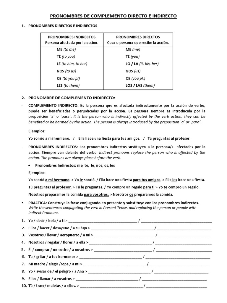 Pronombres Directos e Indirectos. Deberes | PDF | Objeto (gramática ...