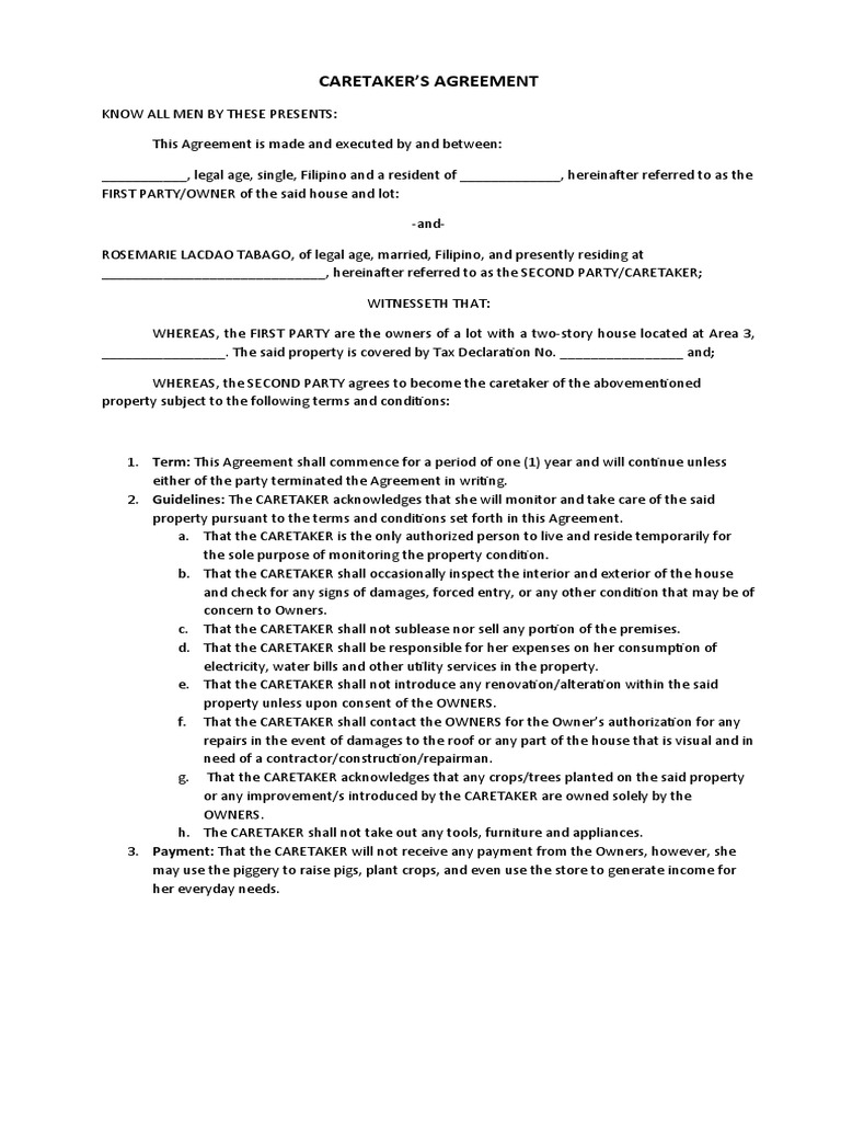 Caretaker Agreement for Property Management | PDF | Private Law ...