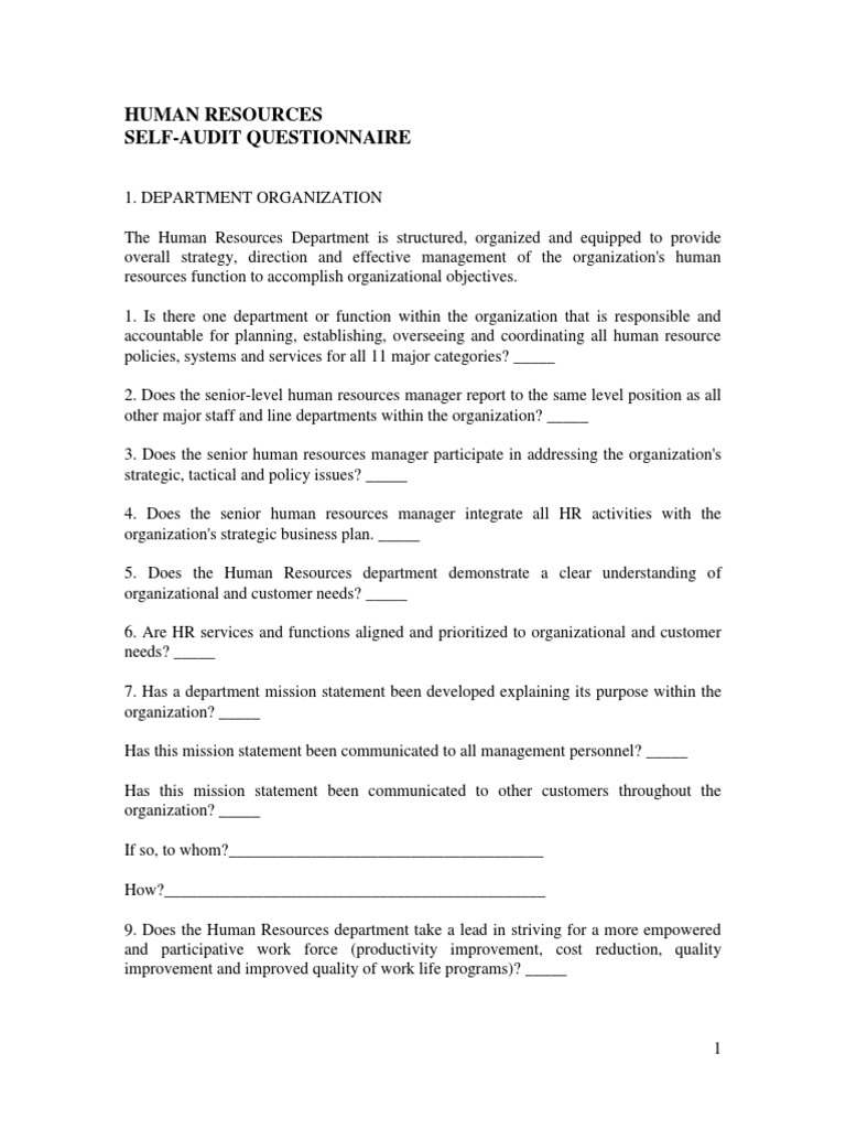 HR Human Resources Self Audit Questionnaire | Download Free PDF | Human ...