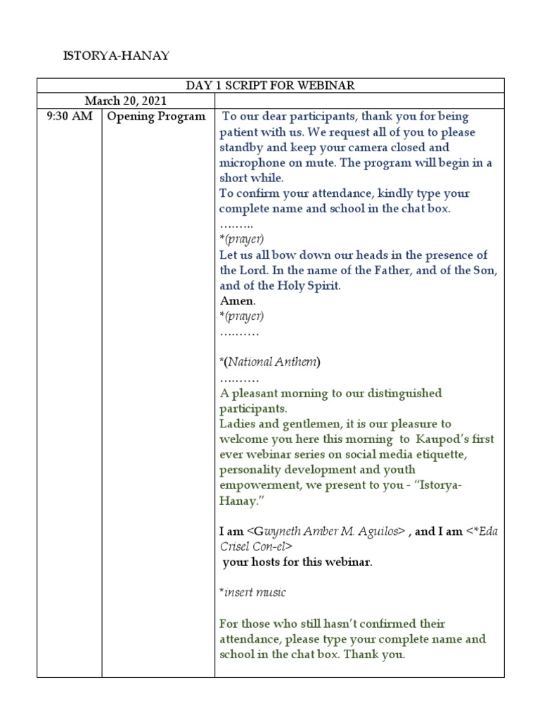 Emcee Script For Webinar (ISTORYA-HANAY) | PDF