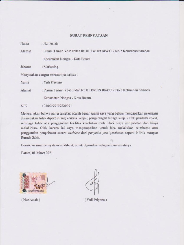 Surat Pernyataan Nur Asiah BATAM | PDF