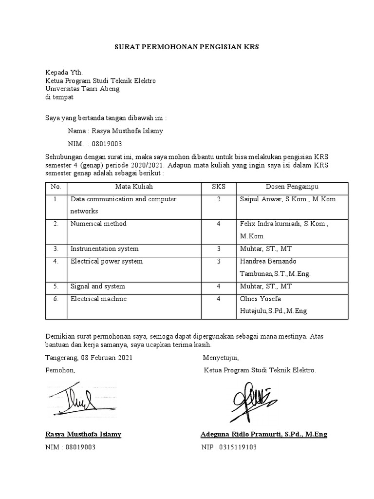 Surat Permohonan Surat Pengajuan KRS - Rasya Musthofa Islamy | PDF