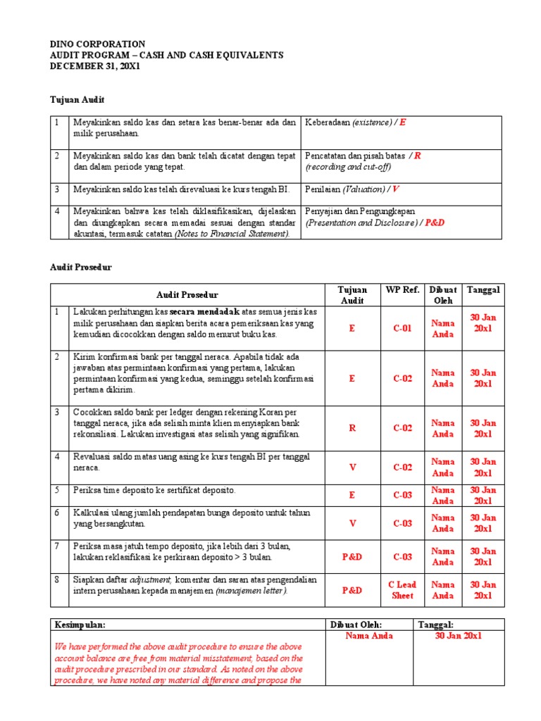 Audit Program - Cash and Cash Equivalents | PDF