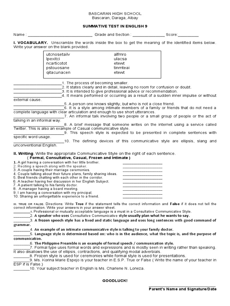 Summative Test in English 9 - First Quarter | PDF | English Language ...
