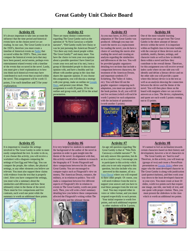 Language Arts Choice Board | PDF | The Great Gatsby | F. Scott Fitzgerald