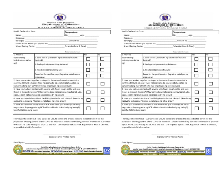 Health Declaration Form | PDF | Common Cold | Metro Manila