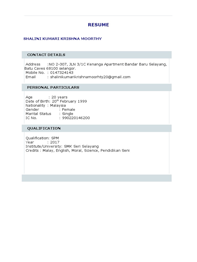 Resume: Shalini Kumari Krishna Moorthy | PDF
