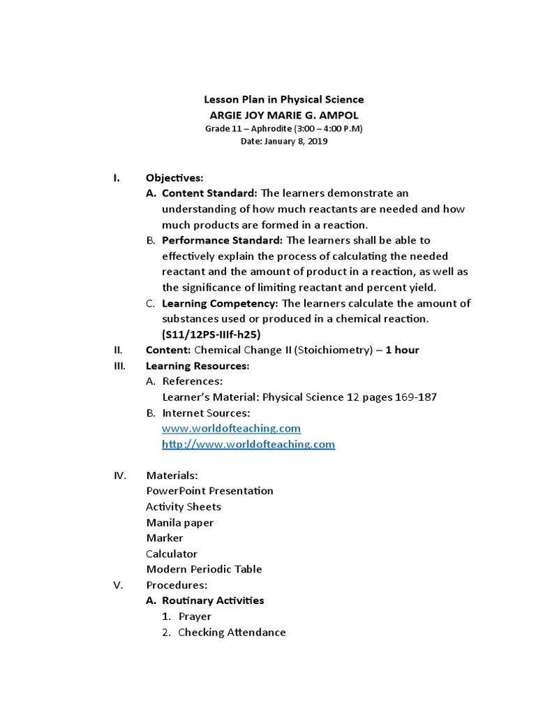 Lesson Plan in Physical Science 4 | PDF | Stoichiometry | Chemistry